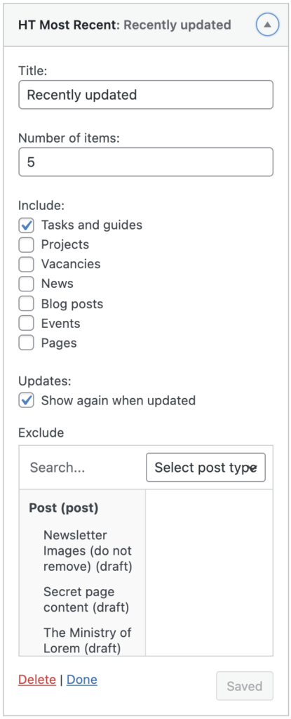 HT Most recent widget (Manage widgets) - tasks and guides